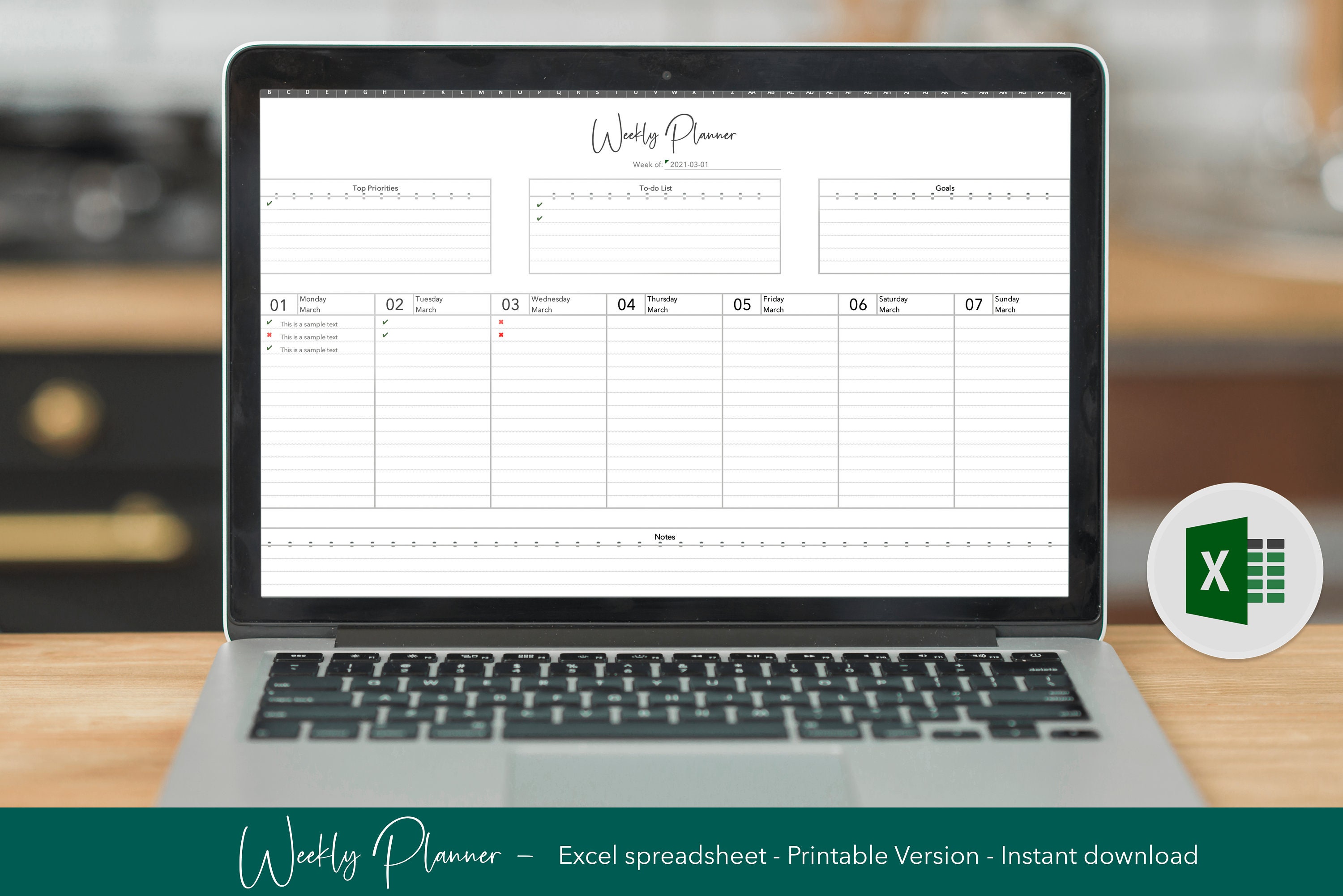 Weekly Planner Template Excel Template With Automated Dates - Etsy