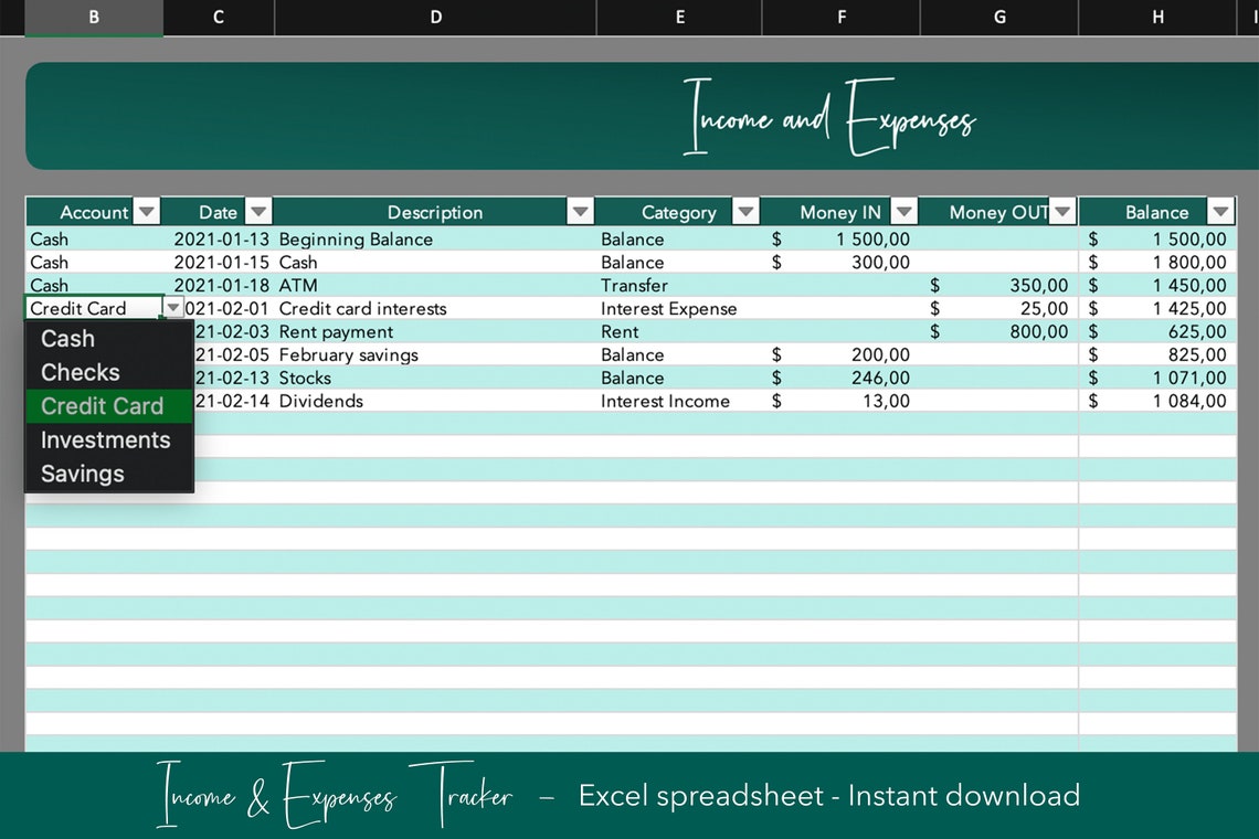 Income & Expenses Tracker, Excel Spreadsheet, Personal Finance and ...