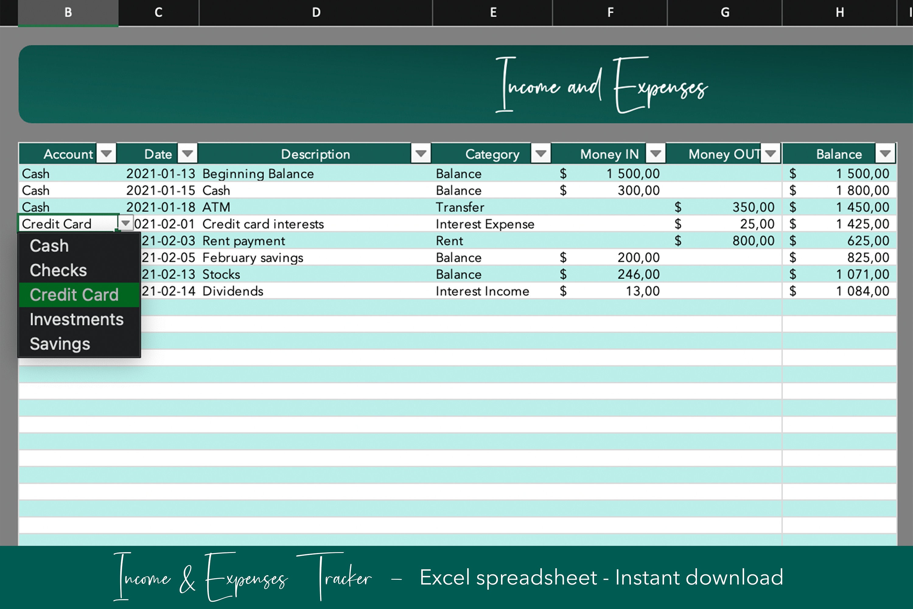 Income & Expenses Tracker, Excel Spreadsheet, Personal Finance and ...