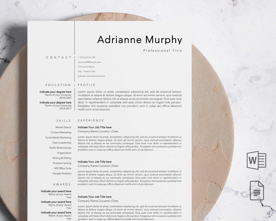 Clean and Modern Resume Template for Word & Page, Minimalist Layout, CV ...