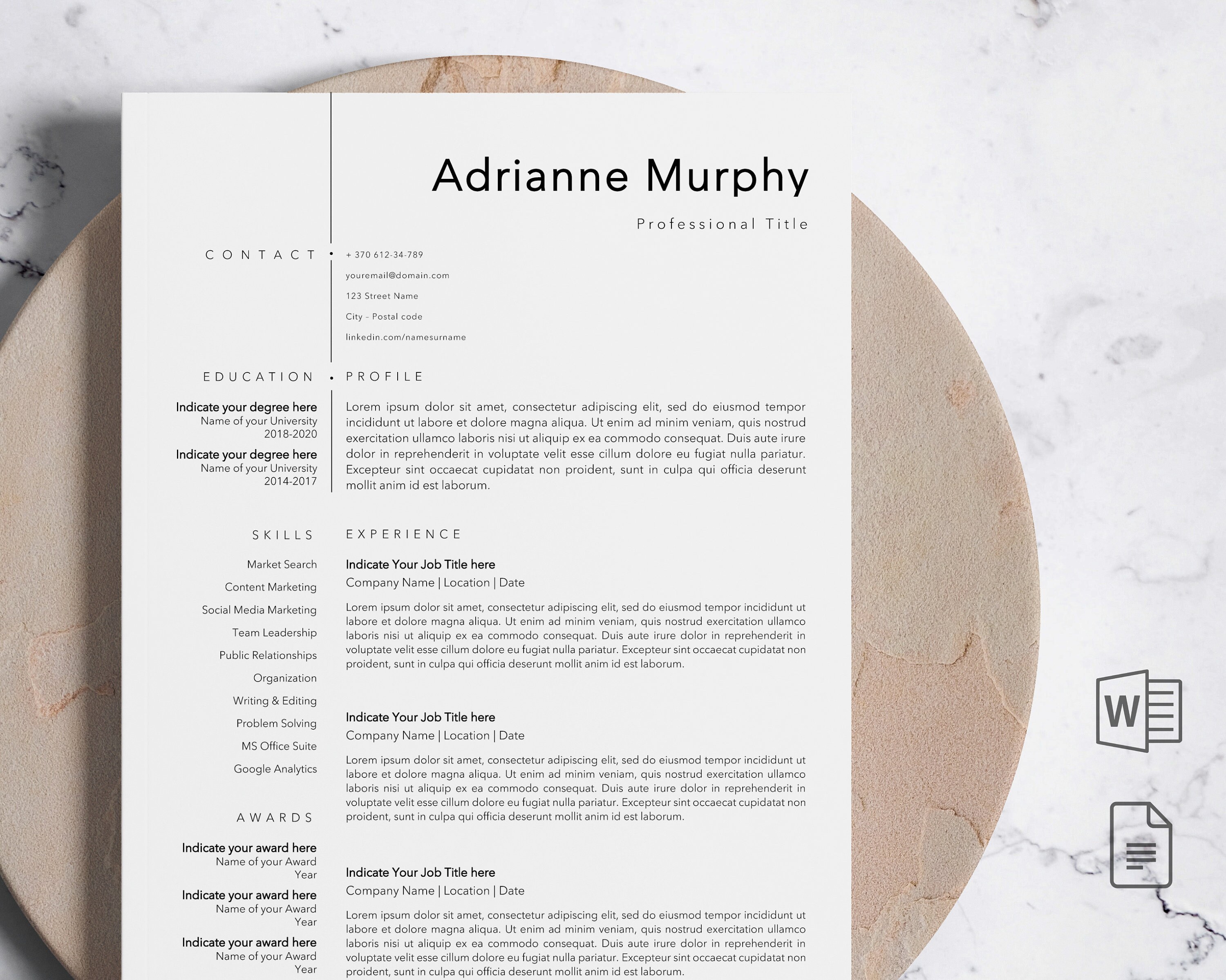 Clean and Modern Resume Template for Word & Page, Minimalist Layout, CV ...