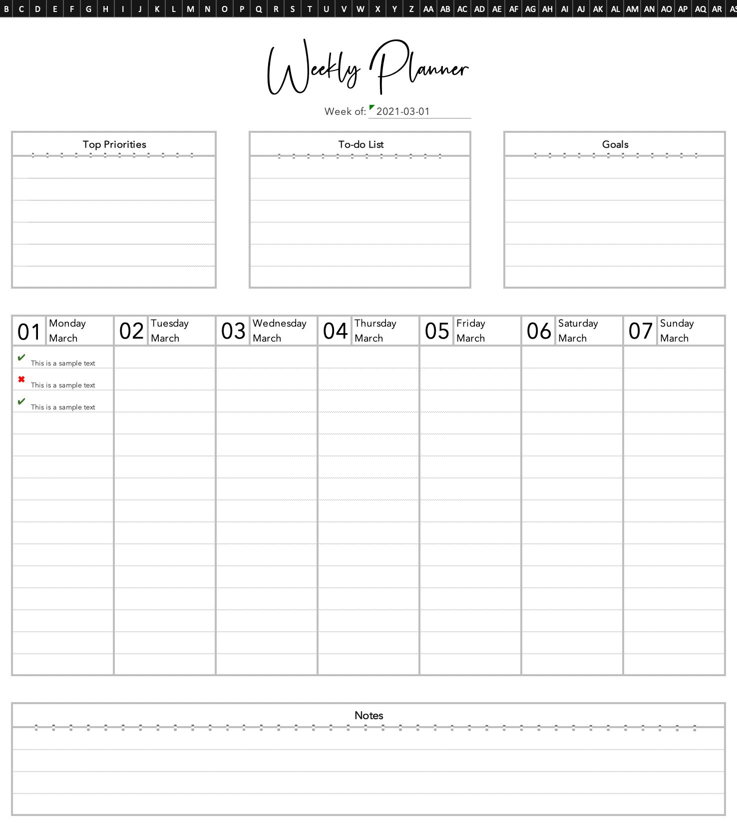 Weekly Planner Template Excel Template With Automated Dates Etsy