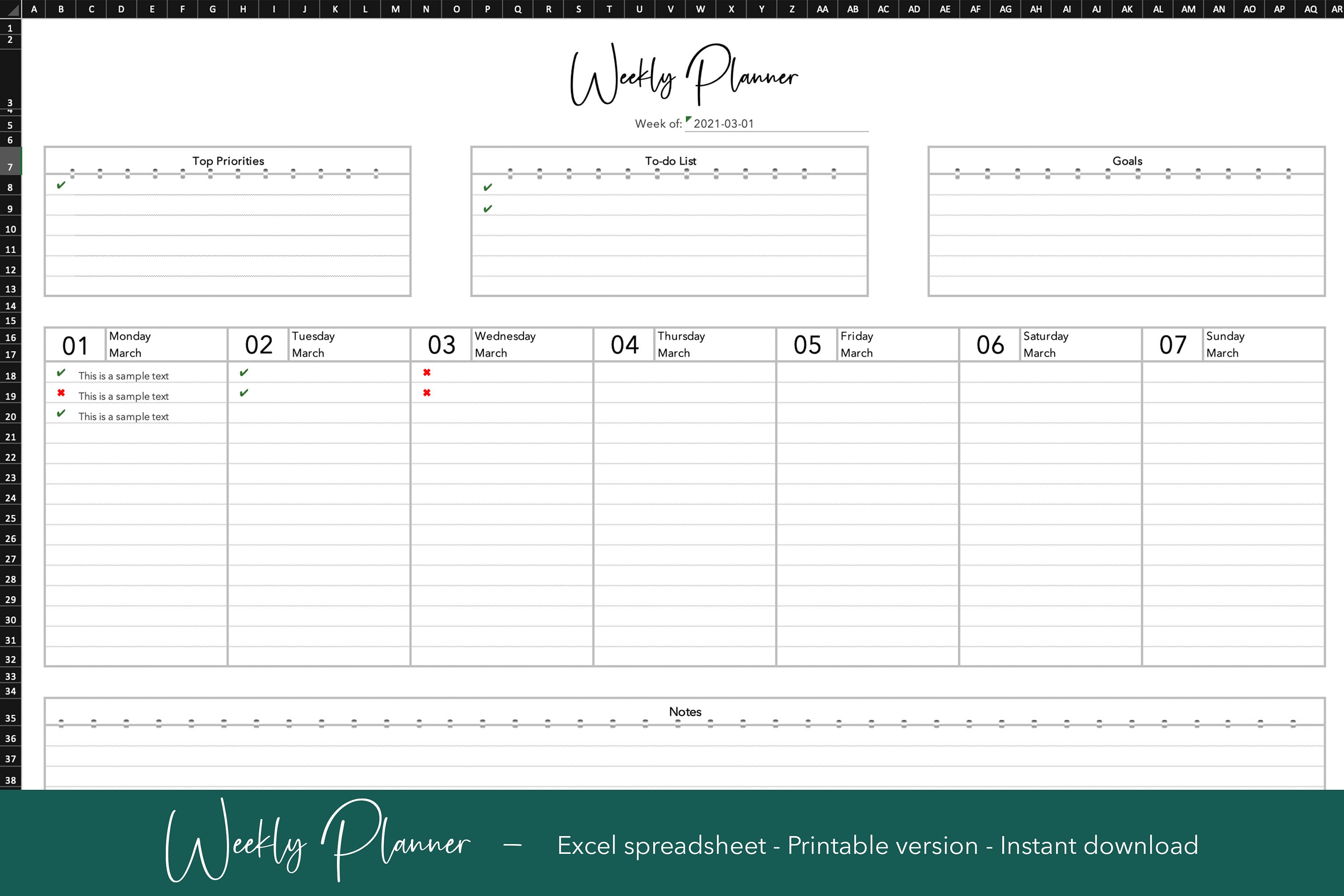 Weekly Planner Template Excel Template With Automated Dates - Etsy