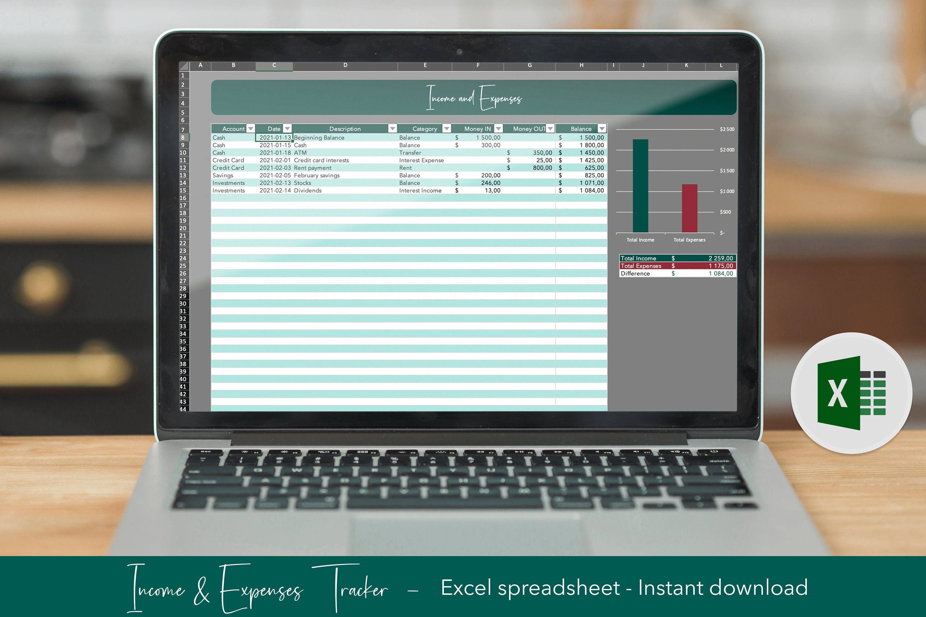 Income & Expenses Tracker, Excel Spreadsheet, Personal Finance and ...