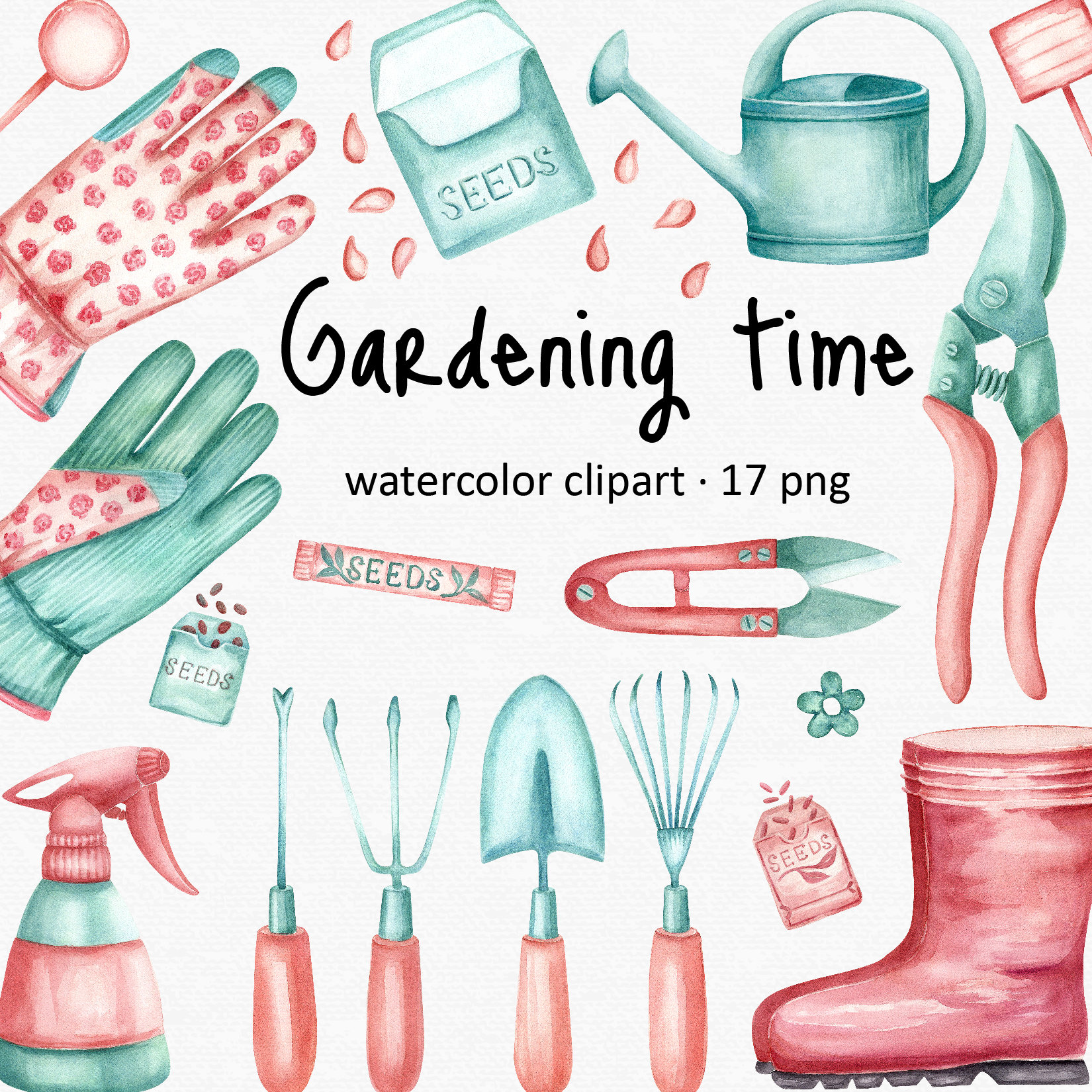 Watercolor Gardening Time Clipart. Garden Tools. Set of Digital ...