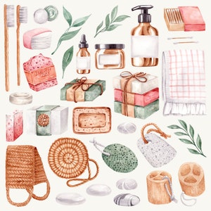 Bathroom Watercolor Clipart. Bath Set, Soap, Towel, Toothbrush, Pumice ...