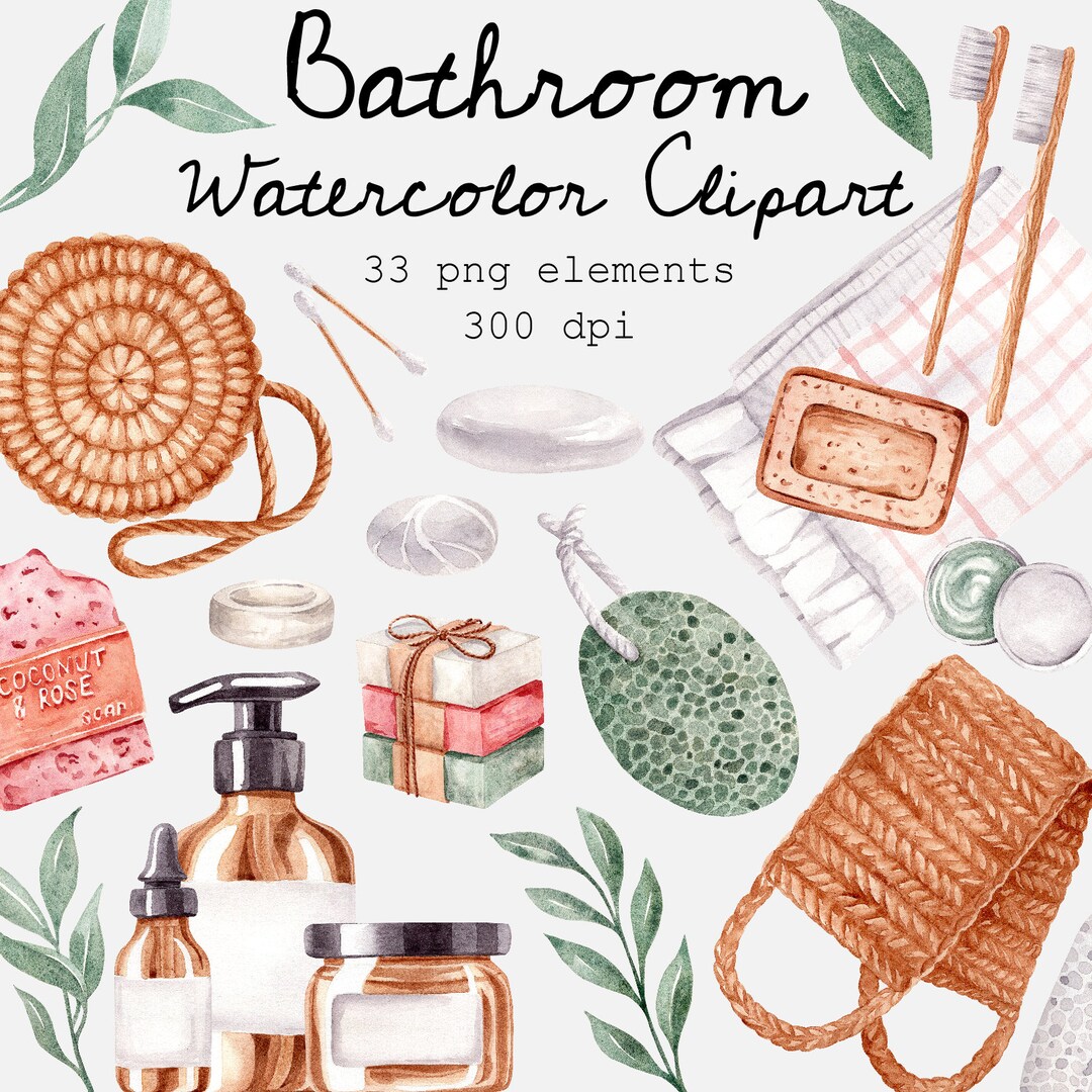Bathroom Watercolor Clipart. Bath Set, Soap, Towel, Toothbrush, Pumice ...