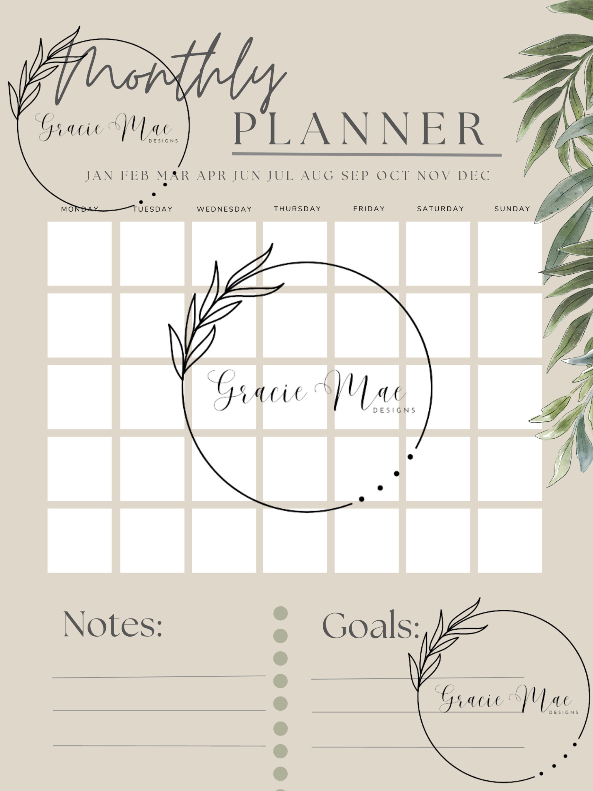 Blank Digital Monthly Calendar, Monthly Digital Planner, Greenery ...