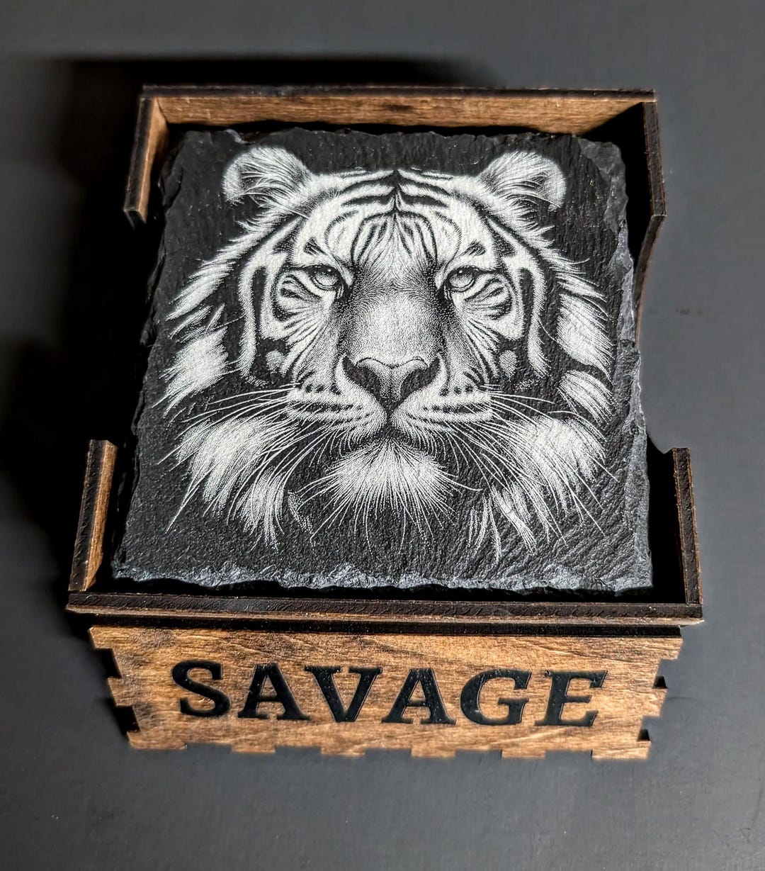 Tiger Slate Coaster Set: Engraved Display Box, Gothic Office Decor - Etsy