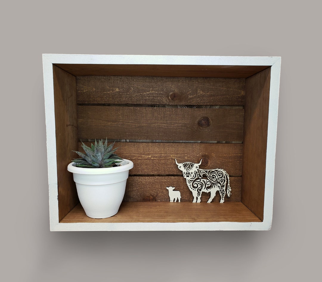 Rustic Highland Cow Box Shelf, Mama and Baby Wood Crate, 19.4in Wide X ...