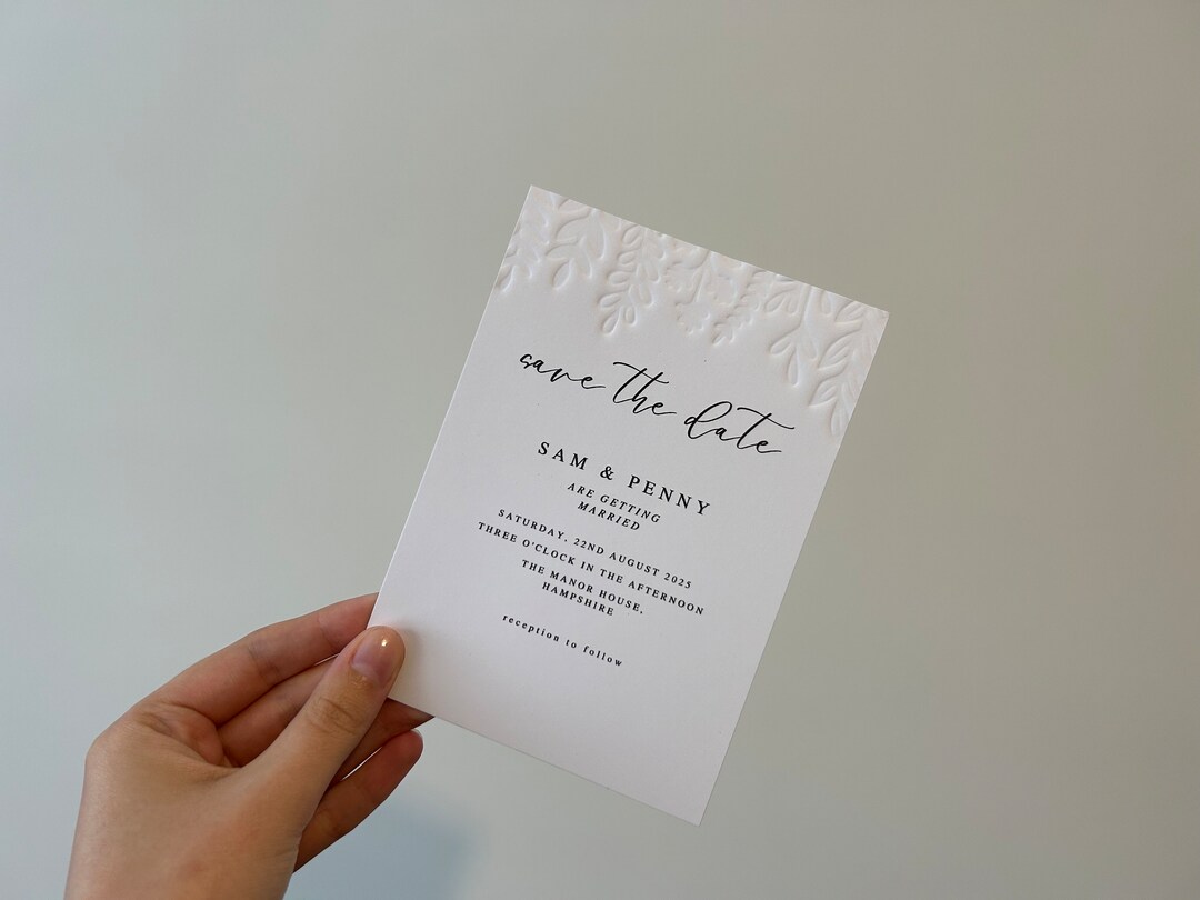 Debossed Floral Save the Date, Personalised Modern Elegant Embossed ...
