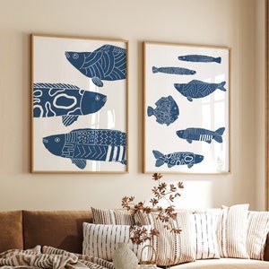 Set of 2 Blue Fish Posters, Set of 2 Fish Prints, Sea Life Art, Ocean ...