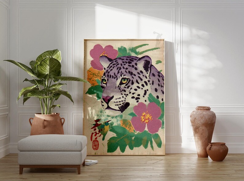 Leopard Floral Folk Art Poster | Japanese Inspired Botanical Wall Art ...