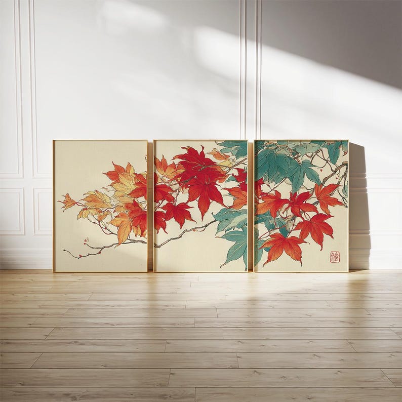 Maple Leaves Autumn Posters Set of 3, Japanese Ink Prints - Etsy