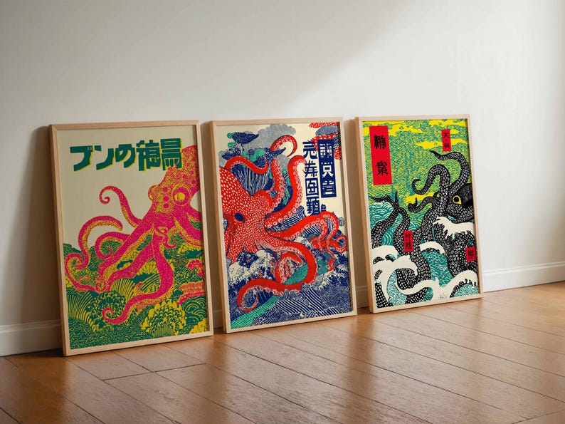 Japanese Octopus Art Print Set of 3 | Retro Octopus Posters | Vintage ...