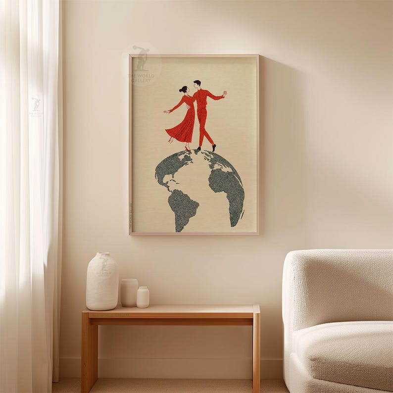 Dancing Couple Globe Poster | Romantic Minimalist Art | Love World Wall ...