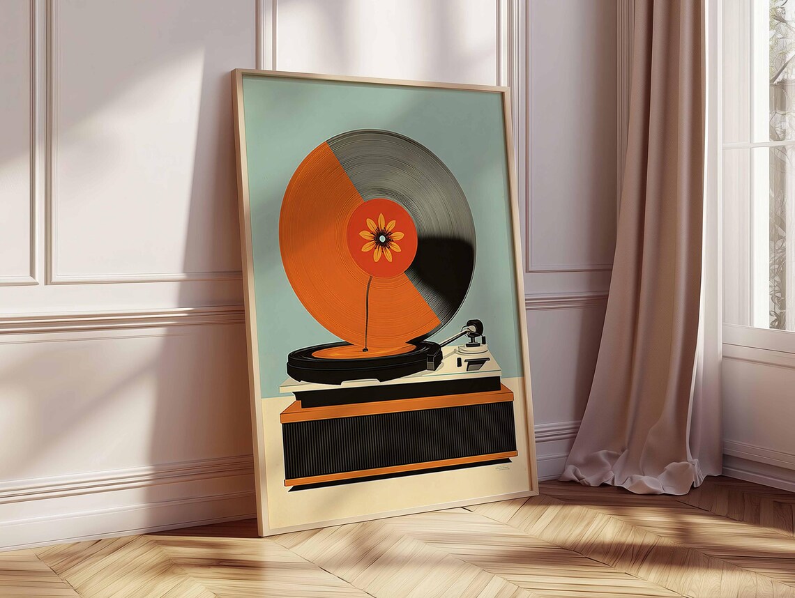 Vintage Record Player Wall Art, Retro Vinyl Flower Poster, Mid Century ...