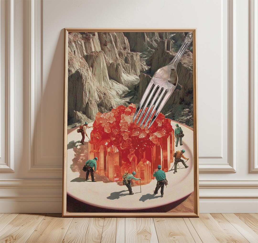 Surreal Crystal Mining Collage Art, Dreamlike Fork and Gemstone Scene ...