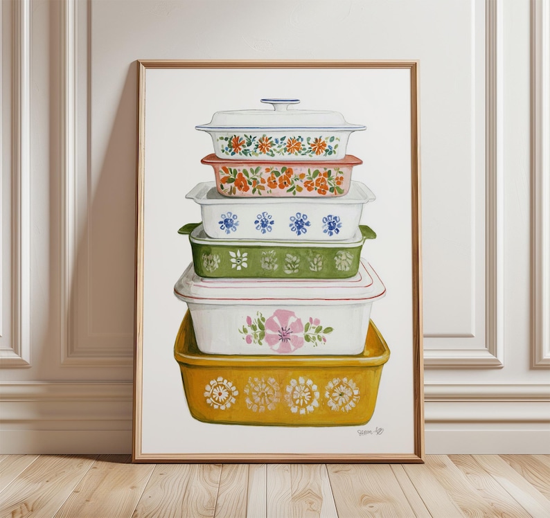 Retro Kitchen Wall Art, Vintage Pyrex Print, Colorful Pottery Poster ...