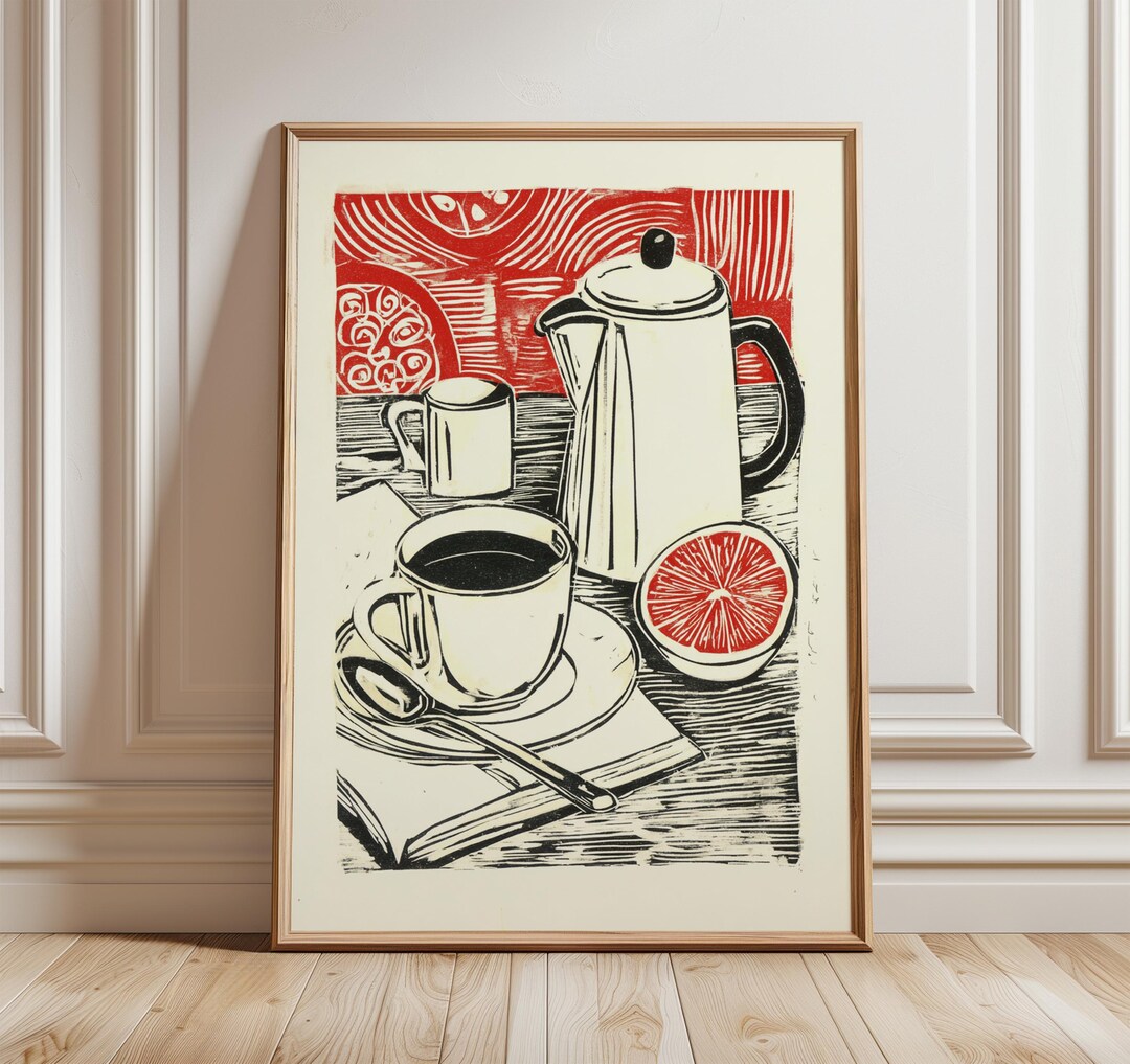 Linocut Coffee Print, Modern Kitchen Still Life Art - Etsy