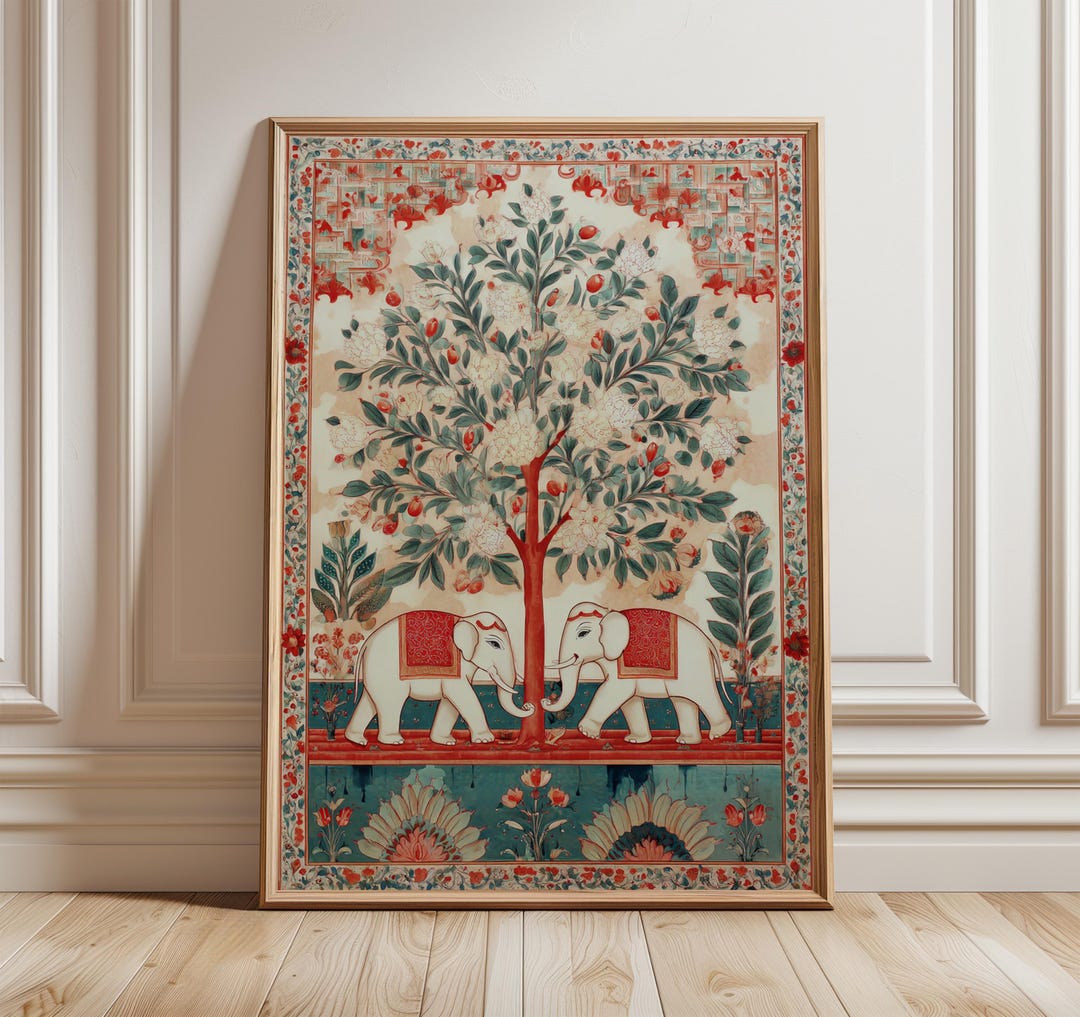 Elephants Under Blossoming Tree Wall Art, Mughal Folk Painting Poster ...