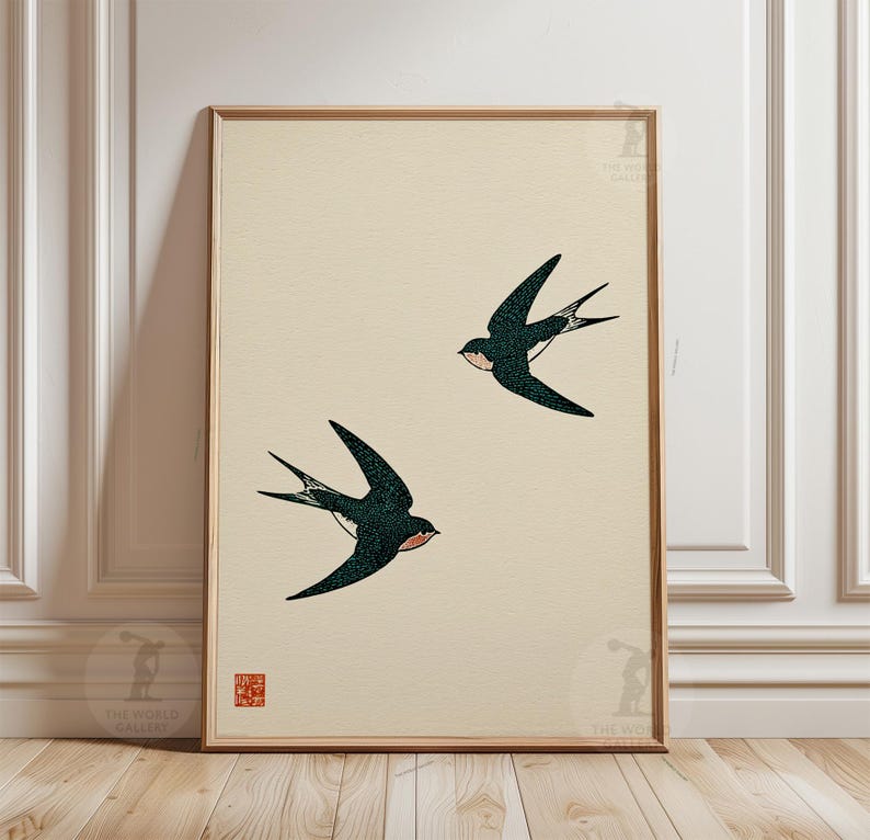 Japanese Swallow Bird Poster | Minimalist Teal Nature Illustration ...