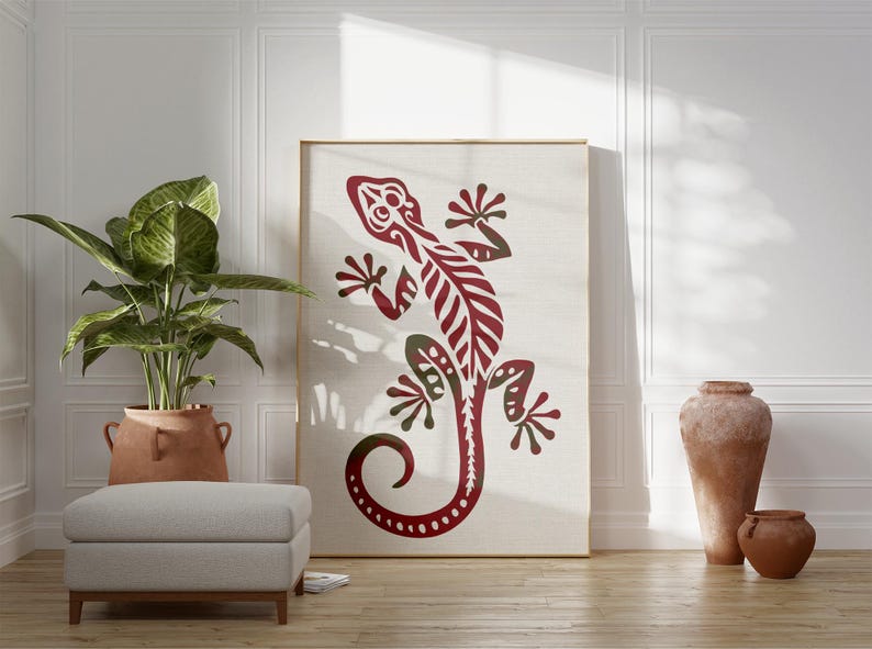 Red Green Gecko Poster | Folk Style Lizard Illustration | Minimal ...