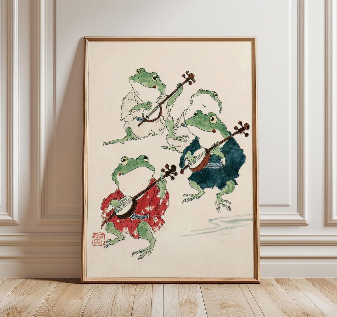 Japanese Frog Band Print, Whimsical Animal Wall Art, Frogs Playing ...