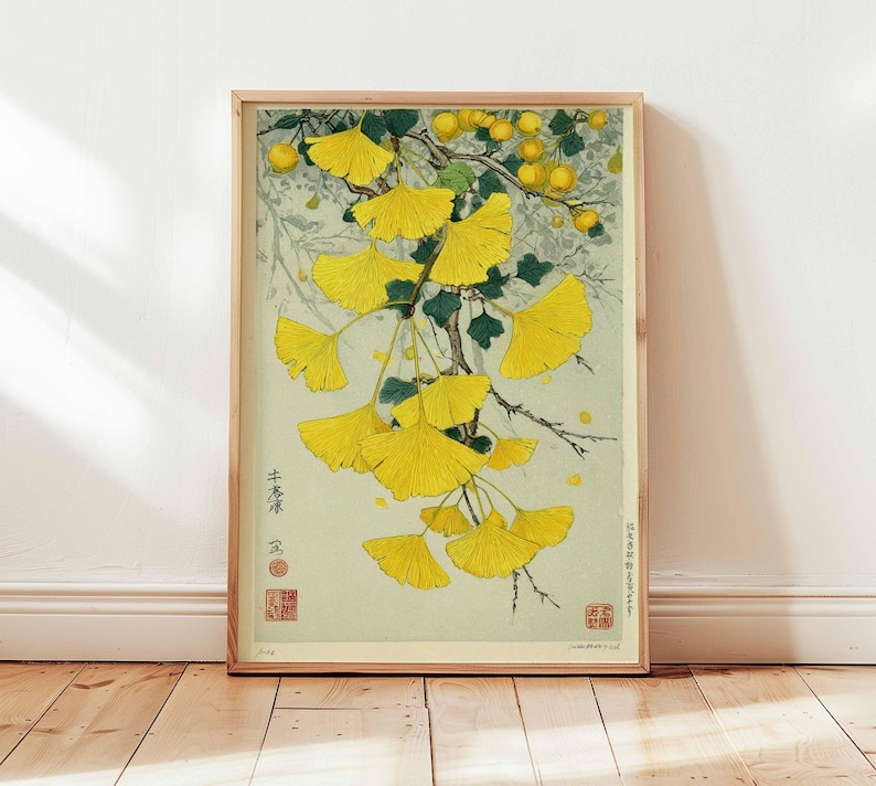 Japanese Ginkgo Leaves Poster, Vintage Botanical Art Print, Yellow ...