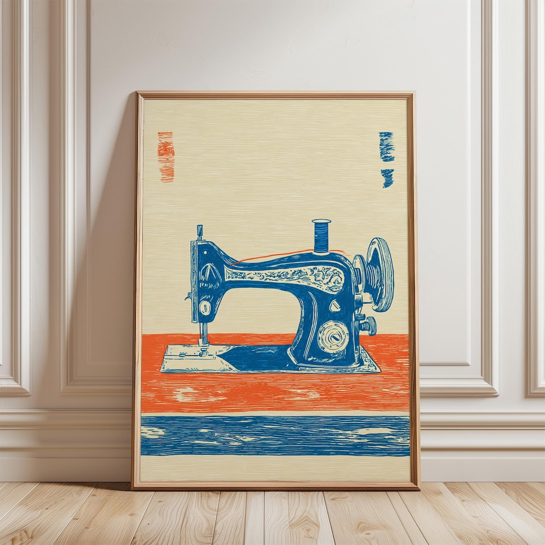 Blue Orange Sewing Machine Poster | Vintage Graphic Illustration ...