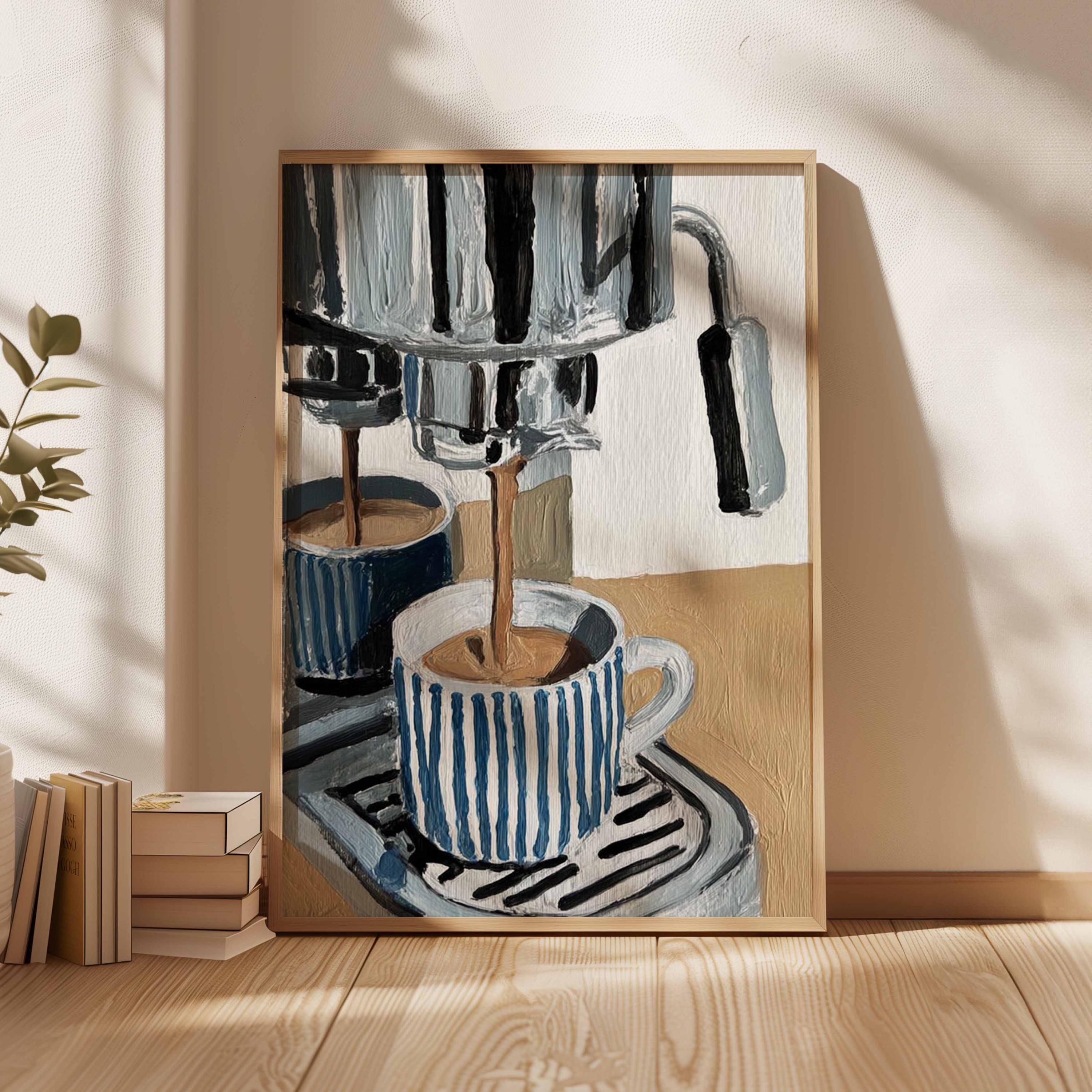 Espresso Machine Art Print | Striped Mugs, Cozy Cafe Decor - Etsy