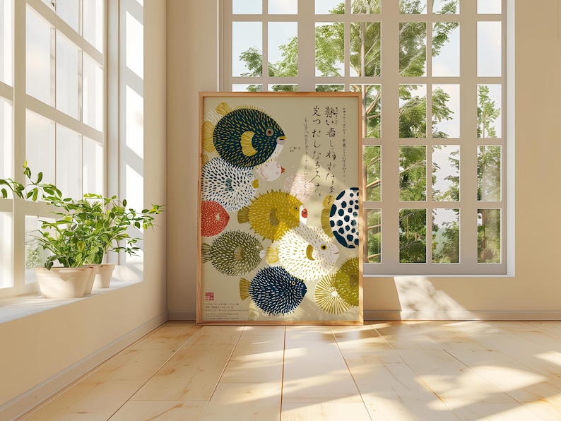 Japanese Pufferfish Art Print, Mid Century Modern Wall Art, Colorful ...