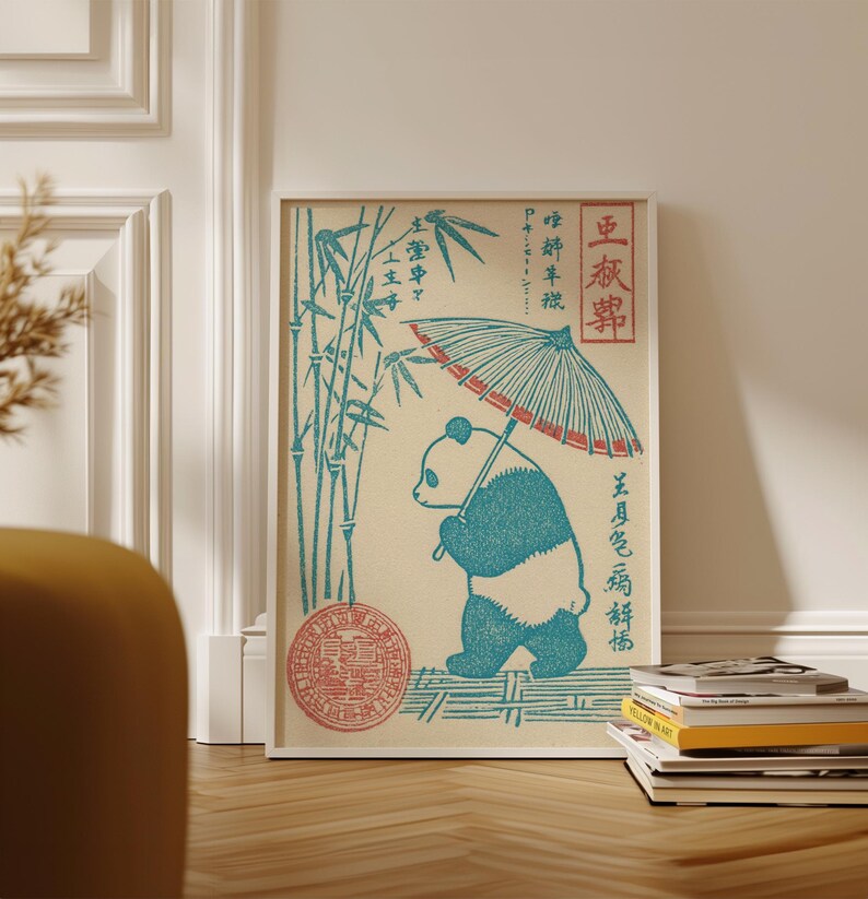 Panda Poster | Teal Bamboo Background Woodblock Art | Asian Umbrella ...