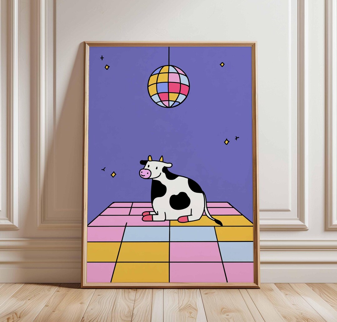 Cute Cow Art Print, Disco Ball Poster, Funky Animal Wall Decor, Retro ...