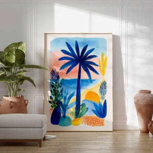 Tropical Palm Tree Poster, Colorful Sunset Beach Wall Art, Vibrant ...