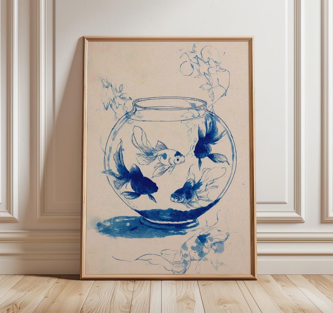 Japanese Fish Bowl Art Print, Indigo Koi Wall Art, Minimalist Line ...