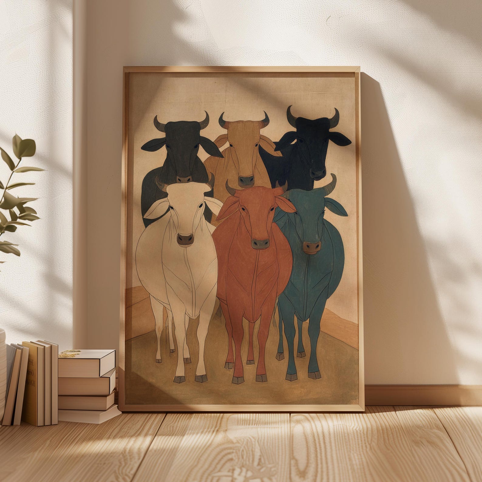Pastoral Indian Cow Art Print, Vintage Rural Painting, Folk Animal Wall ...