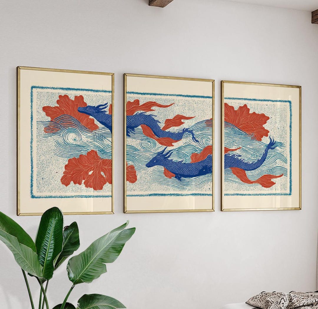 Sea Dragon Artwork Poster, Set of 3 Japanese Pointillist Print - Etsy