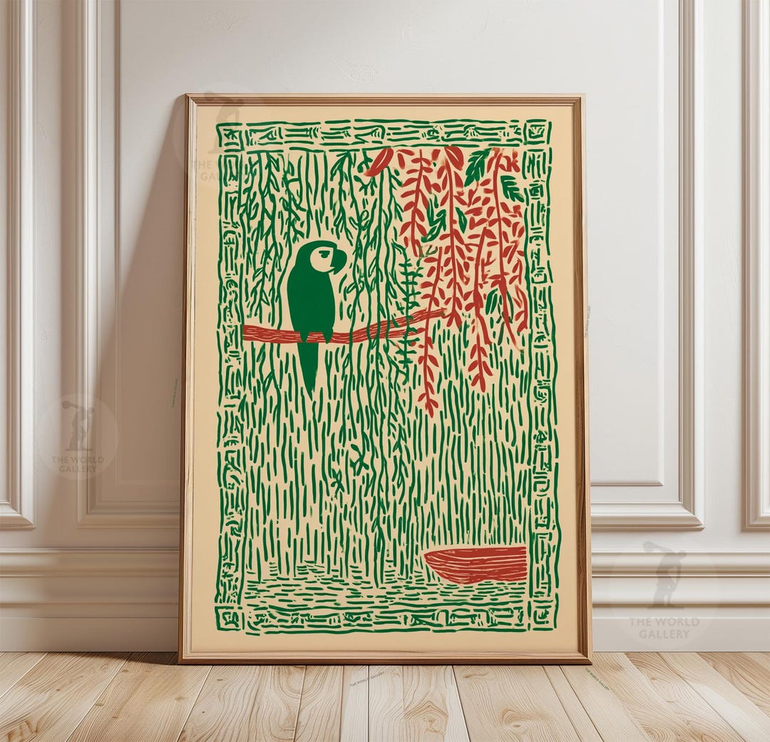 Tropical Parrot Art Print | Red Macaw Jungle Botanical Illustration ...