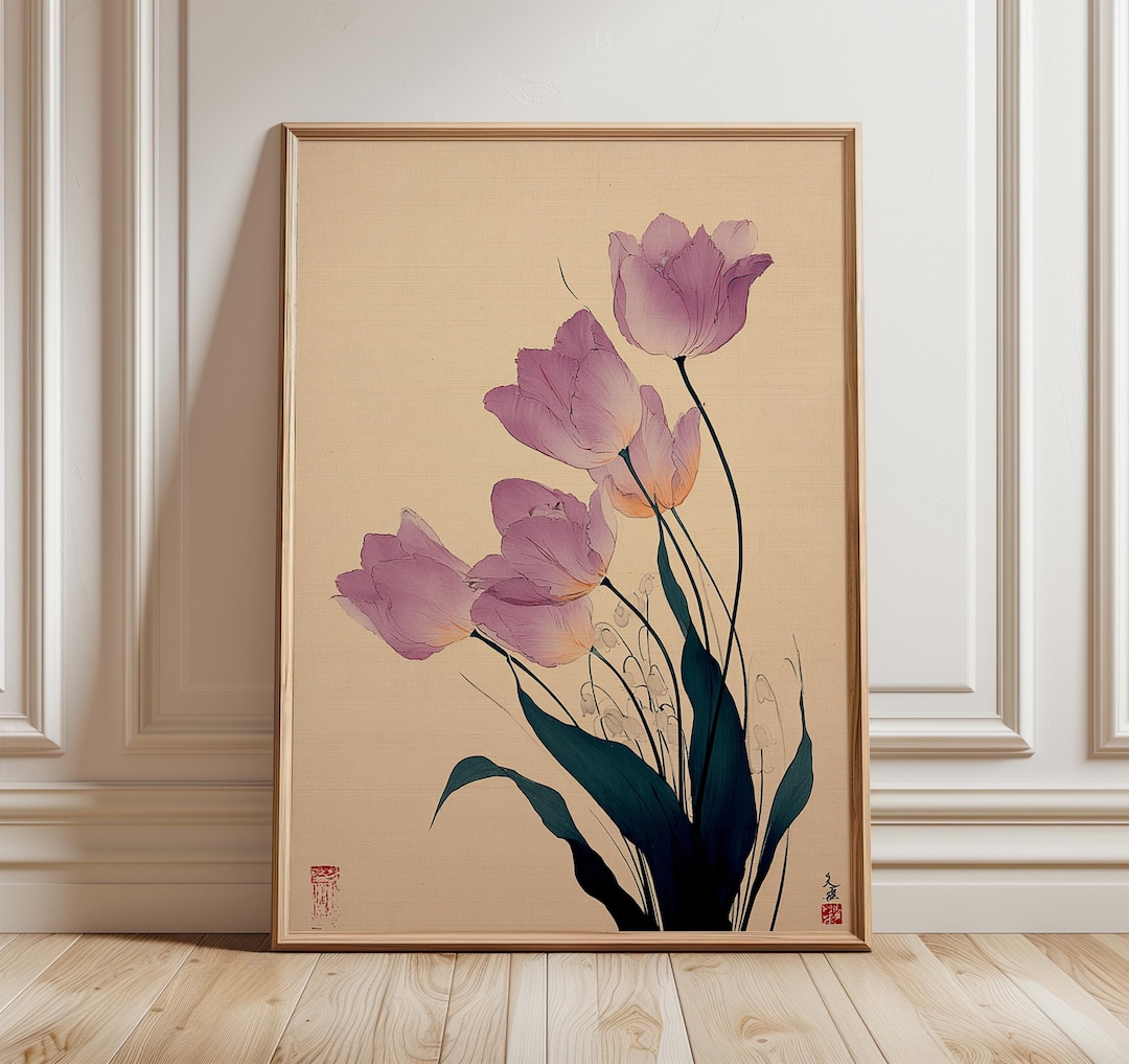 Japanese Tulip Art Print, Minimal Floral Poster, Pastel Pink Flower ...