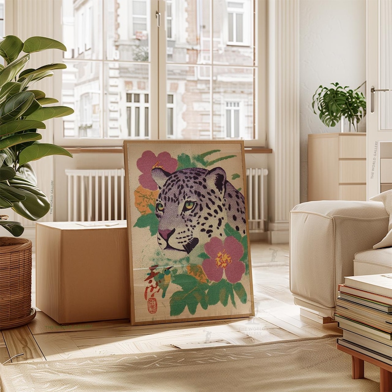 Leopard Floral Folk Art Poster | Japanese Inspired Botanical Wall Art ...
