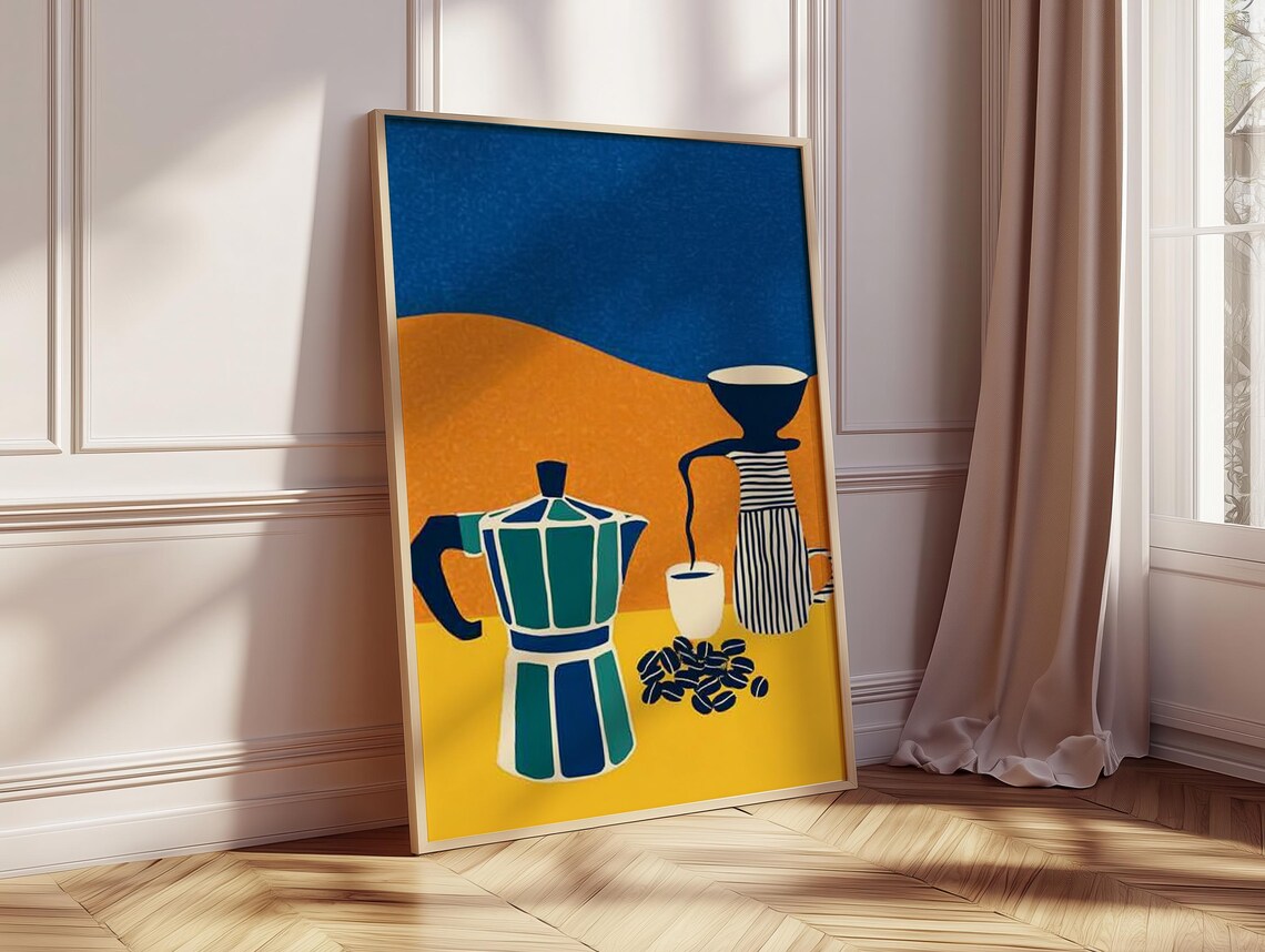 Modern Coffee Pot Set Pop Art Poster, Colorful Moka Pot and Cup Print ...