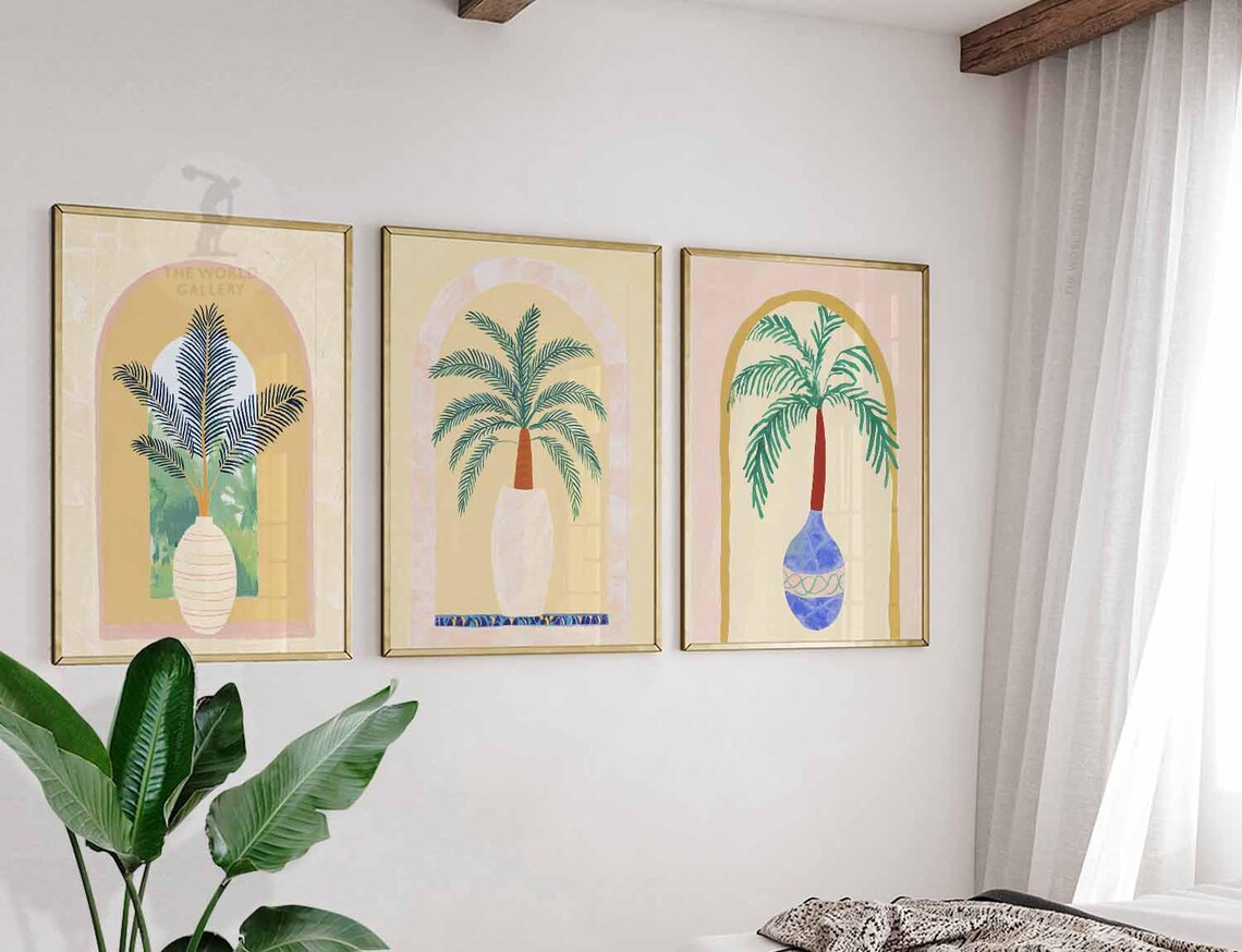 Set of 3 Palm Tree Posters, Tropical Vase Wall Art, Boho Arch Botanical ...