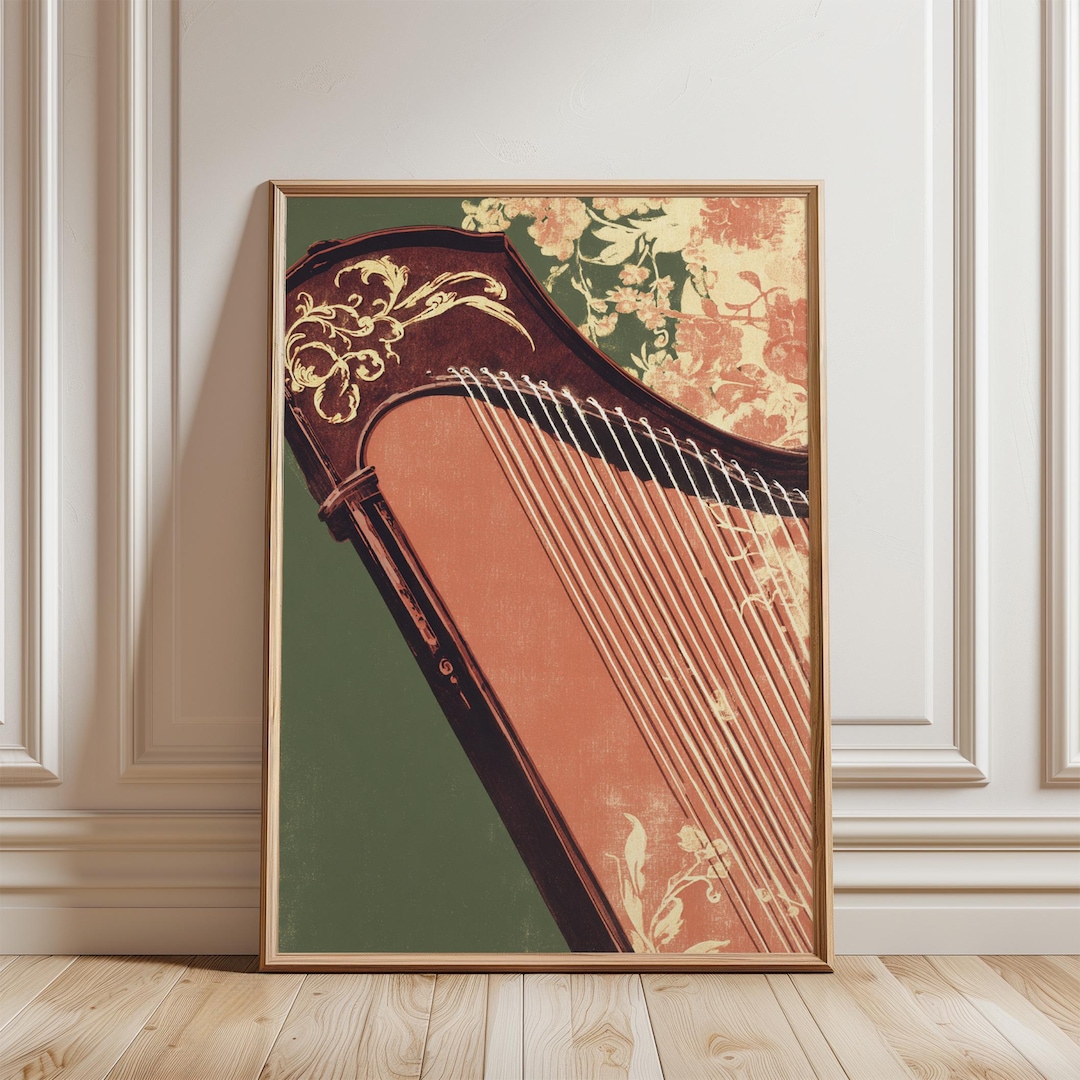 Green Beige Harp Poster | Vintage Musical Instrument Art | Art Nouveau ...