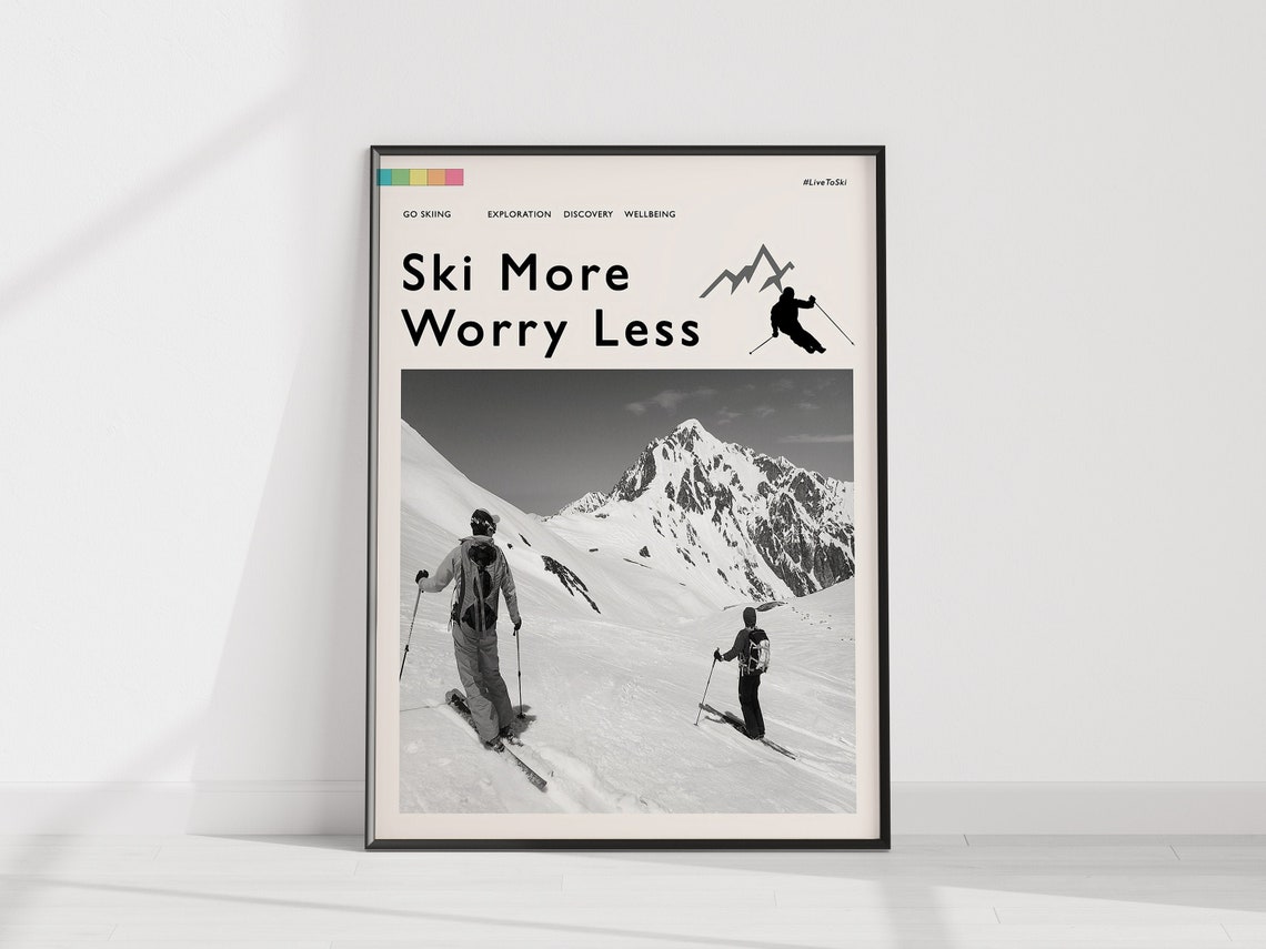 Ski More Worry Less Poster, Skiing Alps Outdoor Adventure Art Print ...