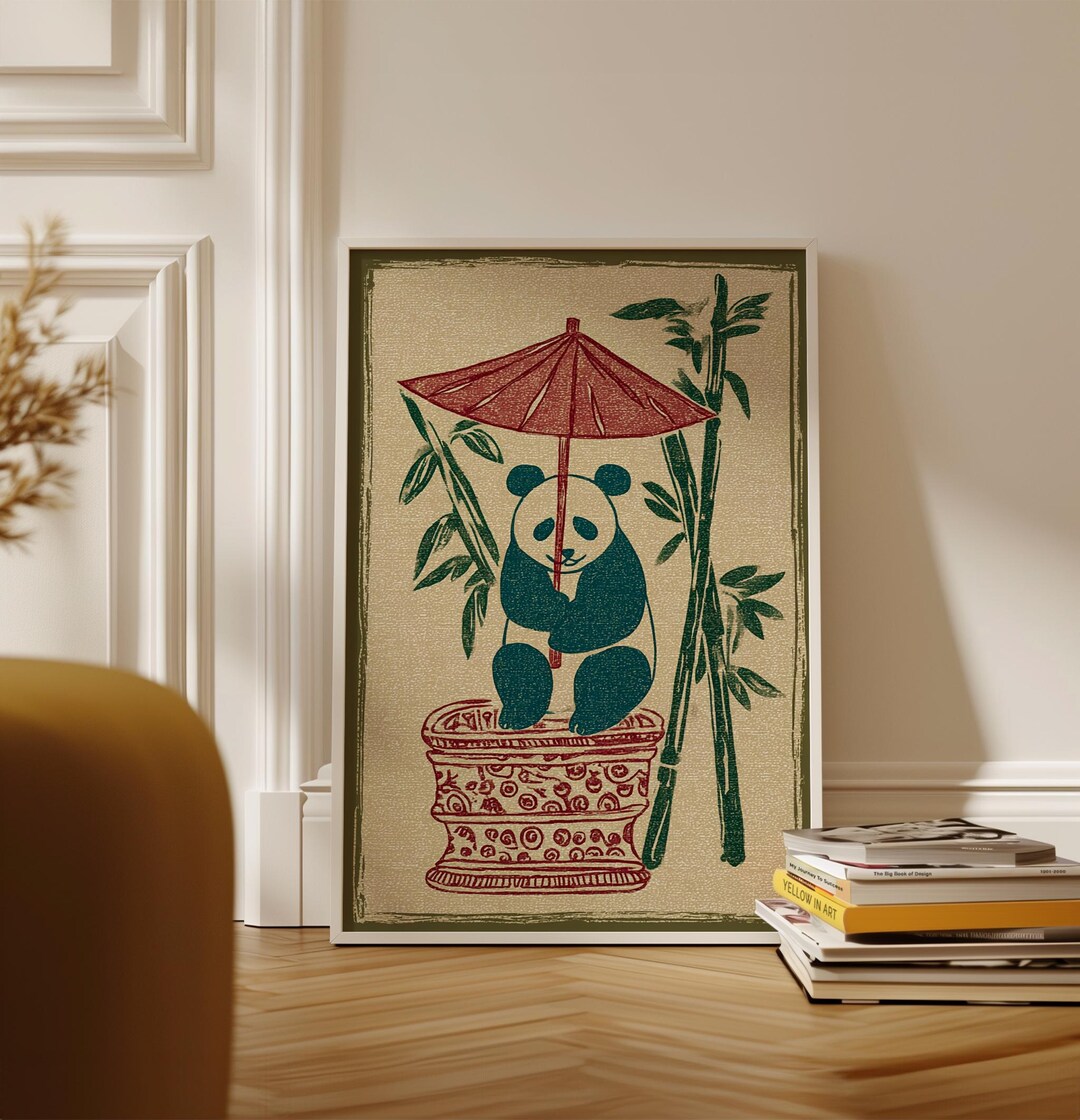 Green Beige Panda Poster Illustration | Folk Style Animal Art | Bamboo ...
