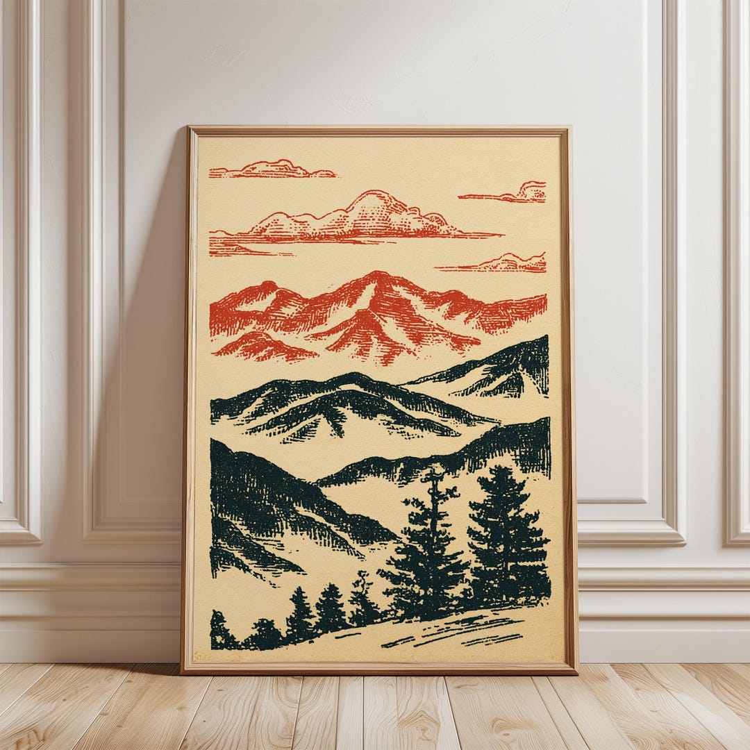 Red Green Mountain Landscape Poster | Vintage Woodcut Style Art Print ...