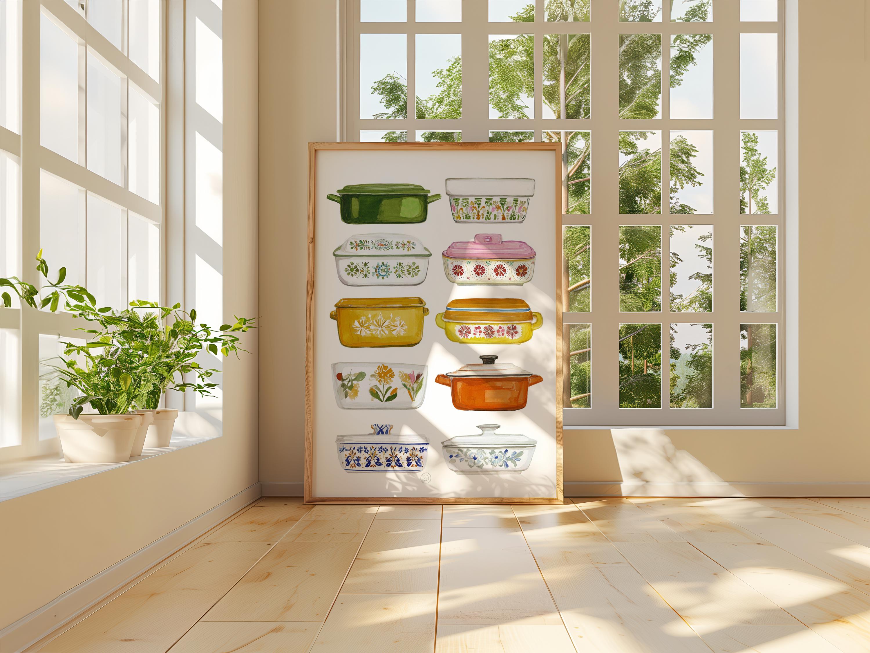 Vintage Pyrex Wall Art, Retro Kitchen Print, Mid Century Dish Poster ...