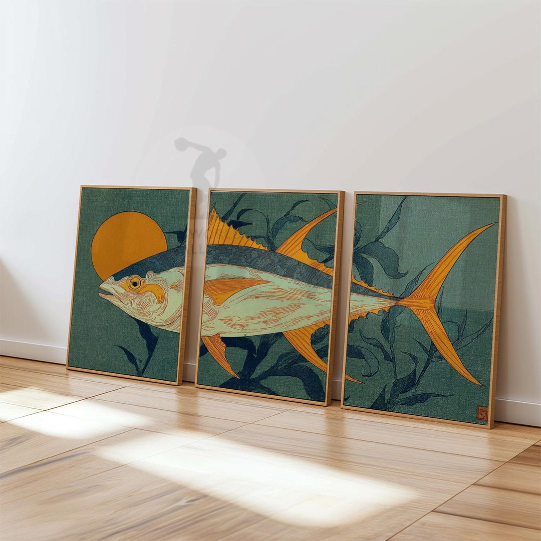 Tuna Fish Print Set | Teal and Amber Ocean Art, Coastal Decor - Etsy
