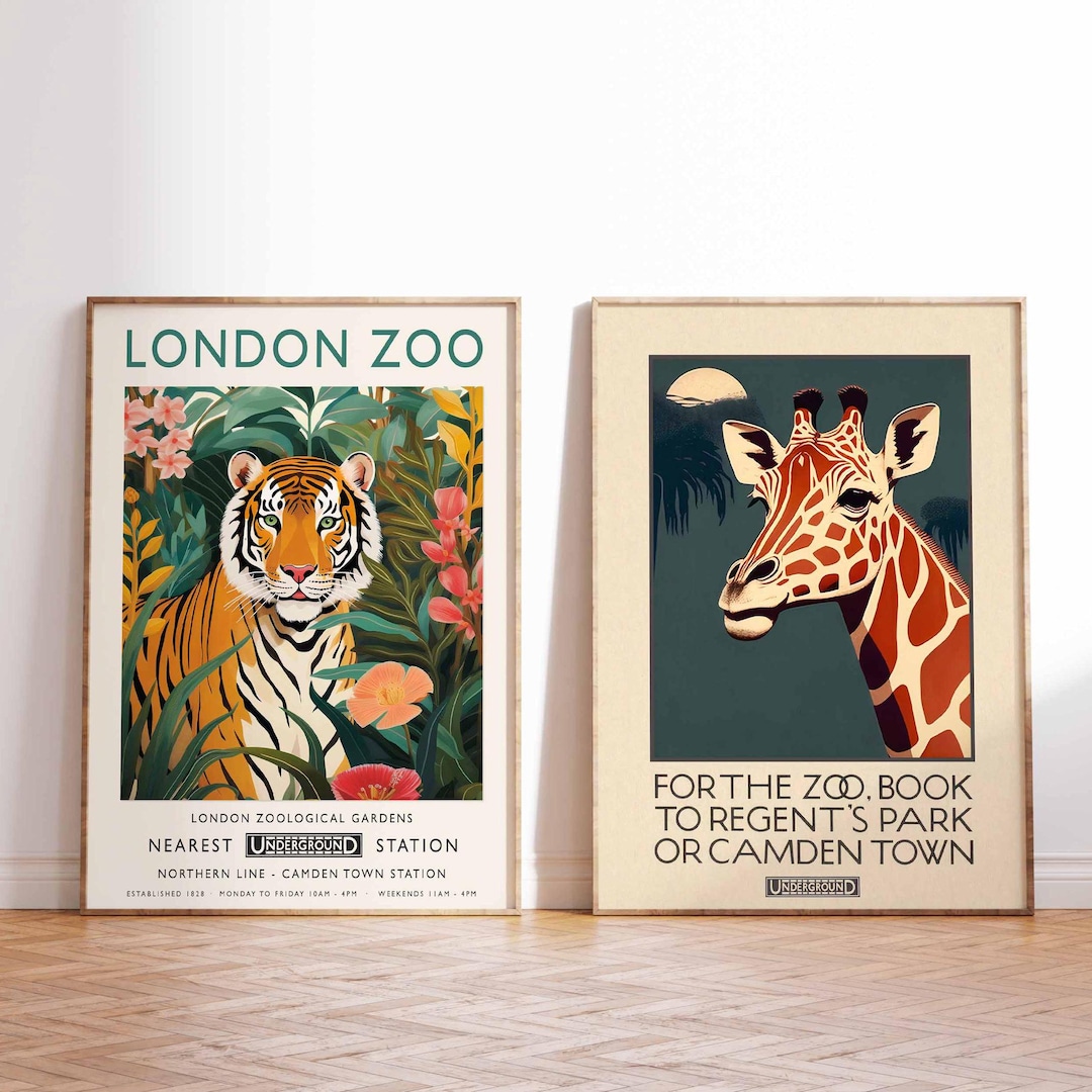 Set of 2 London Zoo Posters, Zoo Art Print, Tiger Print, Giraffe Poster ...